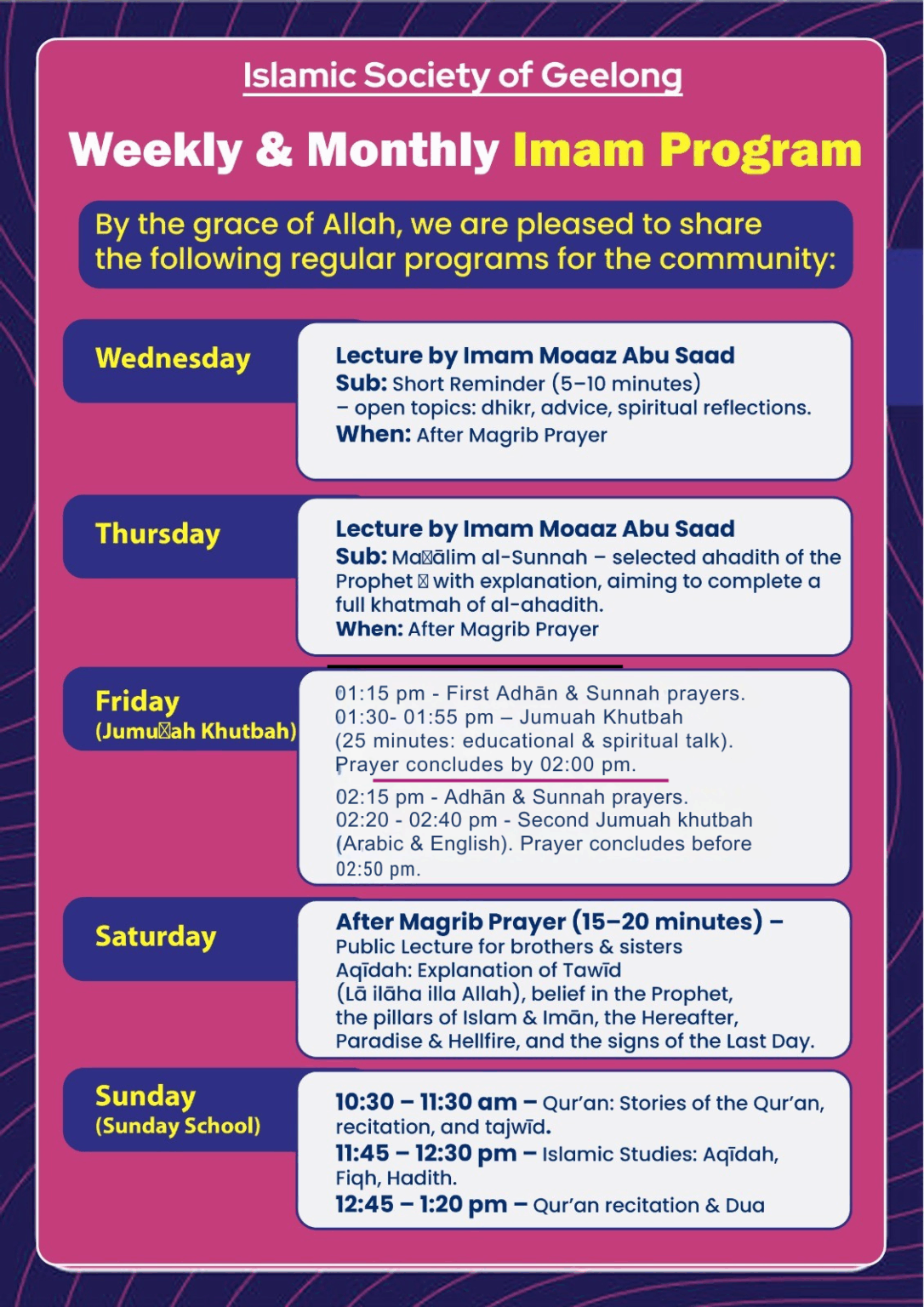 WEEKLY & MONTHLY PROGRAMS - Islamic Society of Geelong